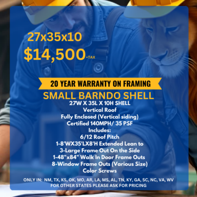 Presidents Day sale 27X35X10 SMALL BARNDO SHELL – Lion Buildings